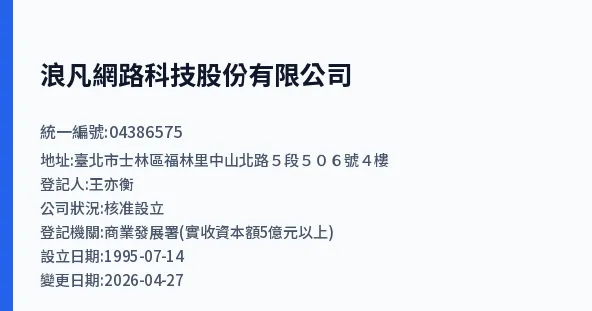 浪凡網路科技股份有限公司的照片-統編 04386575(臺北市) 公司登記資料與營業項目詳細圖表