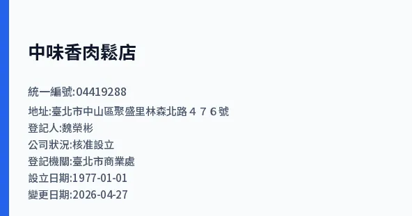 中味香肉鬆店的照片-統編 04419288(臺北市) 公司登記資料與營業項目詳細圖表
