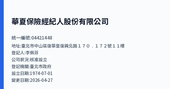 華夏保險經紀人股份有限公司的照片-統編 04421448(臺北市) 公司登記資料與營業項目詳細圖表