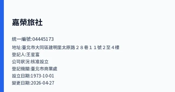 嘉榮旅社的照片-統編 04445173(臺北市) 公司登記資料與營業項目詳細圖表