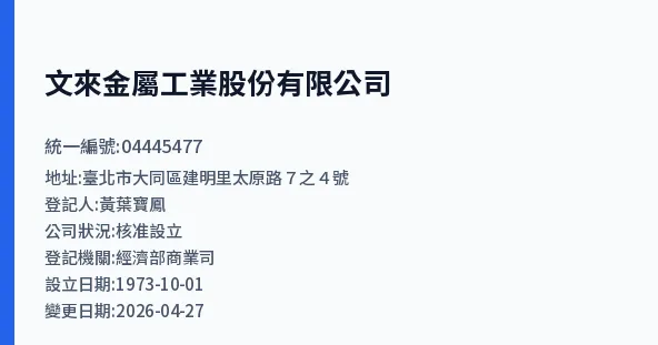 文來金屬工業股份有限公司的照片-統編 04445477(臺北市) 公司登記資料與營業項目詳細圖表