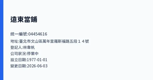 遠東當鋪的照片-統編 04454616(臺北市) 公司登記資料與營業項目詳細圖表