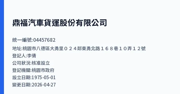 鼎福汽車貨運股份有限公司的照片-統編 04457682(桃園市) 公司登記資料與營業項目詳細圖表