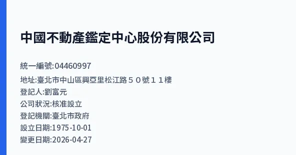 中國不動產鑑定中心股份有限公司的照片-統編 04460997(臺北市) 公司登記資料與營業項目詳細圖表