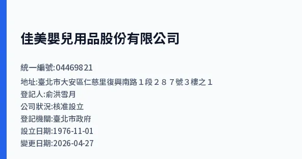 佳美嬰兒用品股份有限公司的照片-統編 04469821(臺北市) 公司登記資料與營業項目詳細圖表