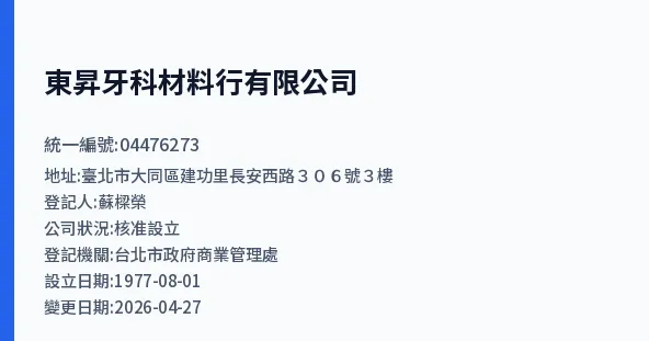 東昇牙科材料行有限公司的照片-統編 04476273(臺北市) 公司登記資料與營業項目詳細圖表