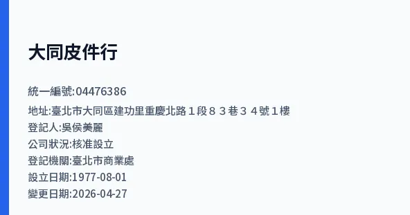 大同皮件行的照片-統編 04476386(臺北市) 公司登記資料與營業項目詳細圖表