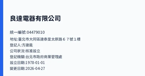 良達電器有限公司的照片-統編 04479010(臺北市) 公司登記資料與營業項目詳細圖表