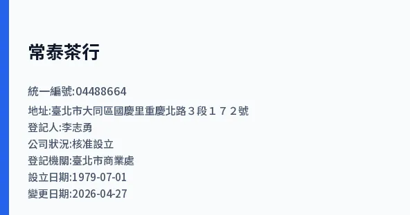 常泰茶行的照片-統編 04488664(臺北市) 公司登記資料與營業項目詳細圖表
