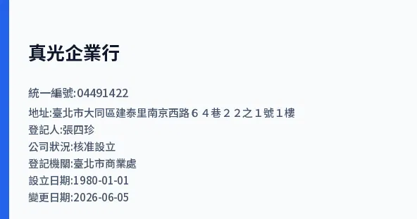 真光企業行的照片-統編 04491422(臺北市) 公司登記資料與營業項目詳細圖表