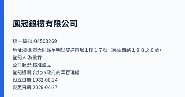 鳳冠銀樓有限公司的照片-統編 04508269(臺北市) 公司登記資料與營業項目詳細圖表