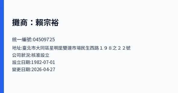 攤商:賴宗裕的照片-統編 04509725(臺北市) 公司登記資料與營業項目詳細圖表
