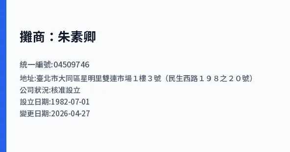 攤商:朱素卿的照片-統編 04509746(臺北市) 公司登記資料與營業項目詳細圖表