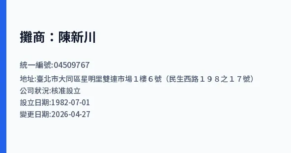 攤商:陳新川的照片-統編 04509767(臺北市) 公司登記資料與營業項目詳細圖表