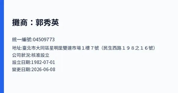 攤商:郭秀英的照片-統編 04509773(臺北市) 公司登記資料與營業項目詳細圖表