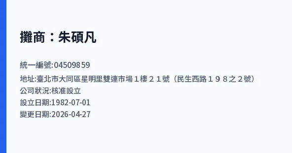 攤商:朱碩凡的照片-統編 04509859(臺北市) 公司登記資料與營業項目詳細圖表