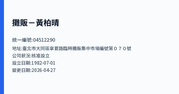 攤販-黃柏晴的照片-統編 04512290(臺北市) 公司登記資料與營業項目詳細圖表