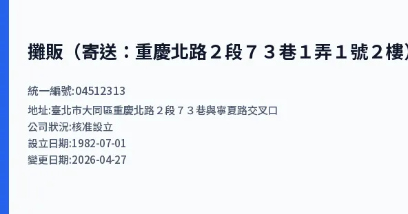 攤販(寄送:重慶北路2段73巷1弄1號2樓)的照片-統編 04512313(臺北市) 公司登記資料與營業項目詳細圖表