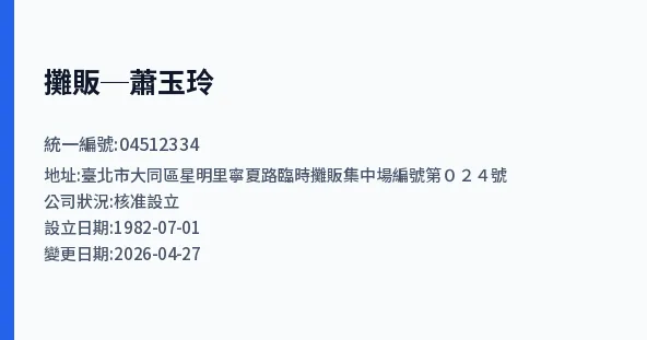 攤販─蕭玉玲的照片-統編 04512334(臺北市) 公司登記資料與營業項目詳細圖表