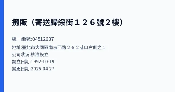 攤販(寄送歸綏街126號2樓)的照片-統編 04512637(臺北市) 公司登記資料與營業項目詳細圖表