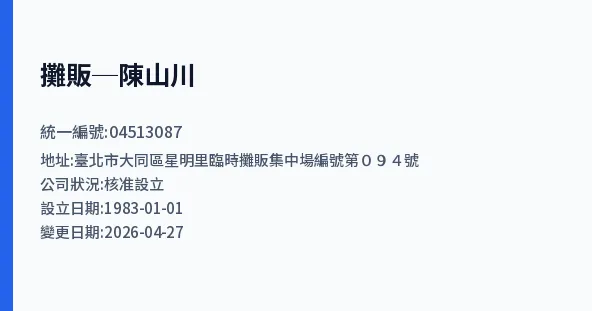 攤販─陳山川的照片-統編 04513087(臺北市) 公司登記資料與營業項目詳細圖表