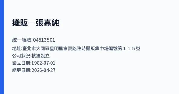 攤販─張嘉純的照片-統編 04513501(臺北市) 公司登記資料與營業項目詳細圖表