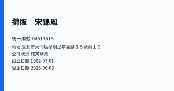 攤販─宋錦鳳的照片-統編 04513615(臺北市) 公司登記資料與營業項目詳細圖表