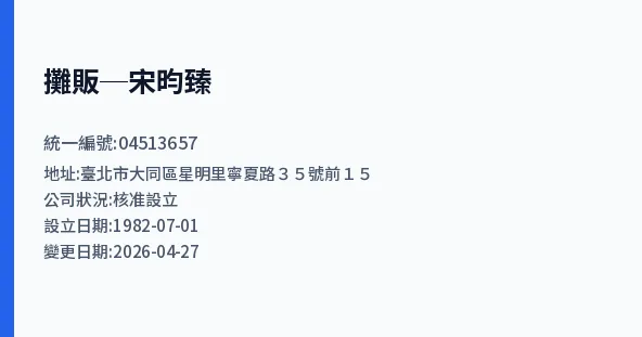 攤販─宋昀臻的照片-統編 04513657(臺北市) 公司登記資料與營業項目詳細圖表