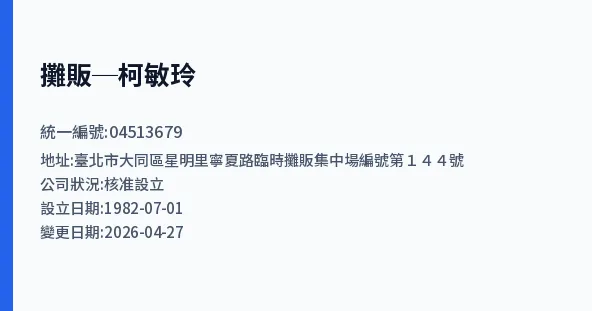 攤販─柯敏玲的照片-統編 04513679(臺北市) 公司登記資料與營業項目詳細圖表