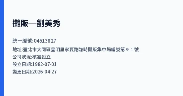 攤販─劉美秀的照片-統編 04513827(臺北市) 公司登記資料與營業項目詳細圖表