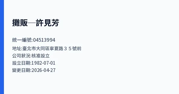 攤販─許見芳的照片-統編 04513994(臺北市) 公司登記資料與營業項目詳細圖表