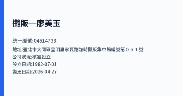 攤販─廖美玉的照片-統編 04514733(臺北市) 公司登記資料與營業項目詳細圖表