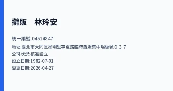攤販─林玲安的照片-統編 04514847(臺北市) 公司登記資料與營業項目詳細圖表