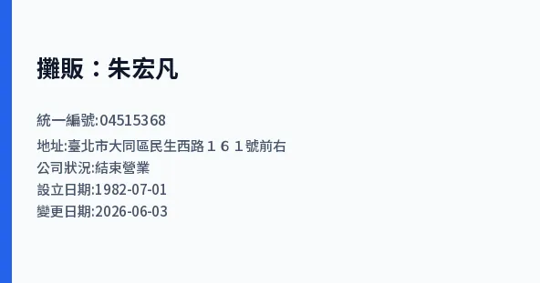 攤販:朱宏凡的照片-統編 04515368(臺北市) 公司登記資料與營業項目詳細圖表