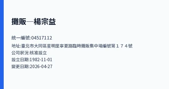 攤販─楊宗益的照片-統編 04517112(臺北市) 公司登記資料與營業項目詳細圖表