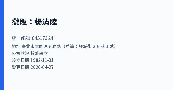 攤販:楊清陸的照片-統編 04517324(臺北市) 公司登記資料與營業項目詳細圖表