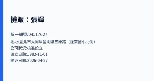 攤販:張輝的照片-統編 04517627(臺北市) 公司登記資料與營業項目詳細圖表