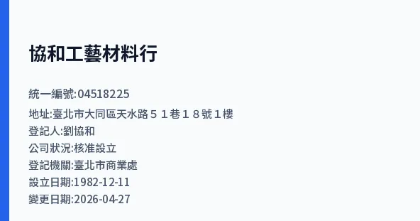 協和工藝材料行的照片-統編 04518225(臺北市) 公司登記資料與營業項目詳細圖表