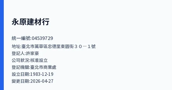 永原建材行的照片-統編 04539729(臺北市) 公司登記資料與營業項目詳細圖表