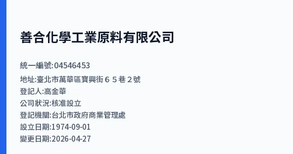 善合化學工業原料有限公司的照片-統編 04546453(臺北市) 公司登記資料與營業項目詳細圖表
