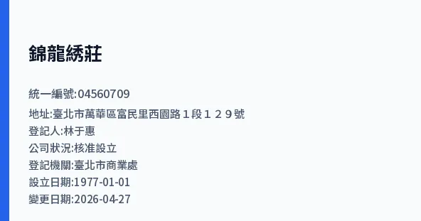 錦龍綉莊的照片-統編 04560709(臺北市) 公司登記資料與營業項目詳細圖表