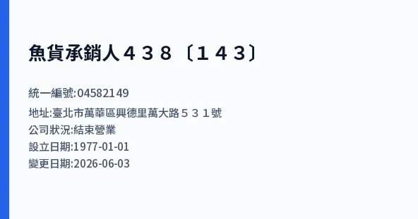 魚貨承銷人438〔143〕的照片-統編 04582149(臺北市) 公司登記資料與營業項目詳細圖表