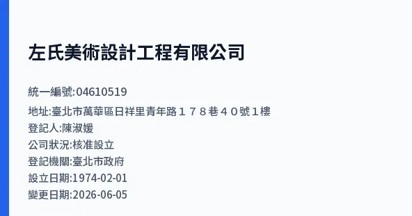 左氏美術設計工程有限公司的照片-統編 04610519(臺北市) 公司登記資料與營業項目詳細圖表
