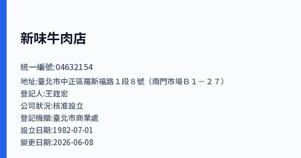新味牛肉店的照片-統編 04632154(臺北市) 公司登記資料與營業項目詳細圖表