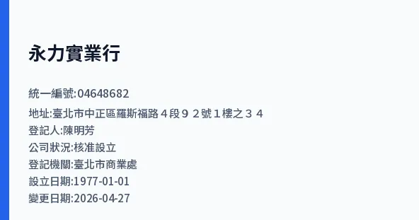 永力實業行的照片-統編 04648682(臺北市) 公司登記資料與營業項目詳細圖表