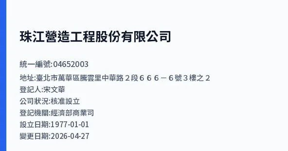 珠江營造工程股份有限公司的照片-統編 04652003(臺北市) 公司登記資料與營業項目詳細圖表