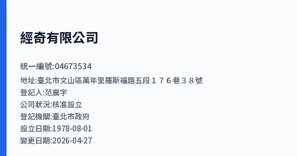 經奇有限公司的照片-統編 04673534(臺北市) 公司登記資料與營業項目詳細圖表