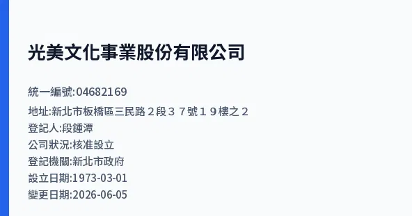 光美文化事業股份有限公司的照片-統編 04682169(新北市) 公司登記資料與營業項目詳細圖表