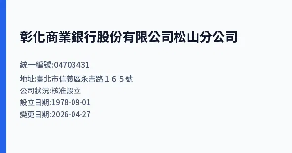 彰化商業銀行股份有限公司松山分公司的照片-統編 04703431(臺北市) 公司登記資料與營業項目詳細圖表