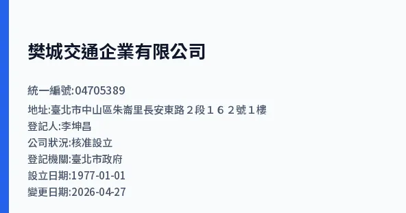 樊城交通企業有限公司的照片-統編 04705389(臺北市) 公司登記資料與營業項目詳細圖表